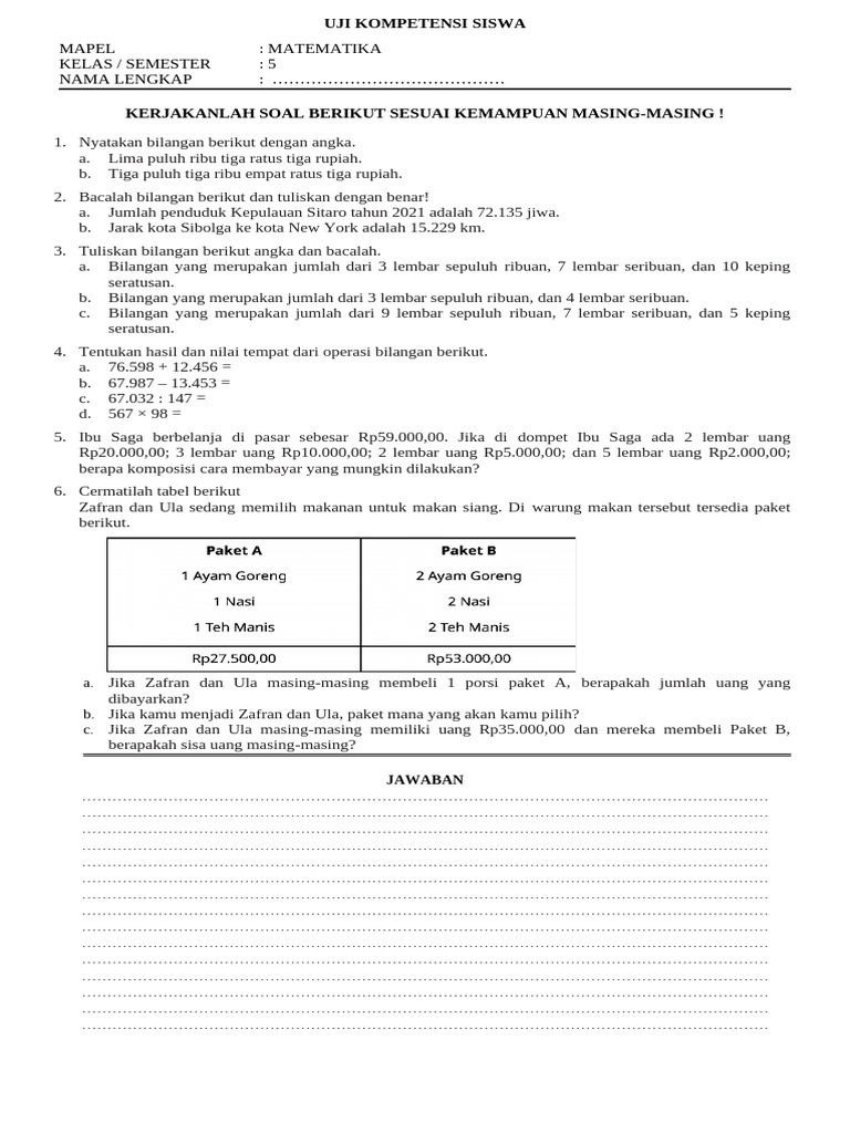 UJI KOMPETENSI SISWA Kls 5 MTK Bab 1 1 | PDF