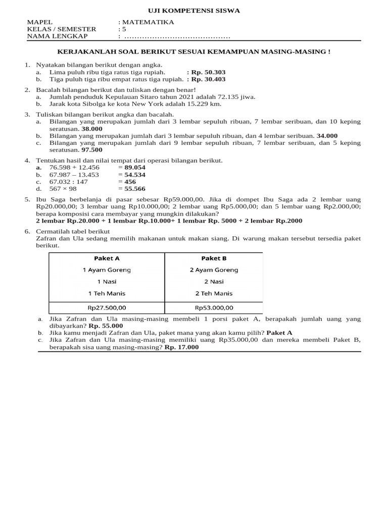 UJI KOMPETENSI SISWA kls 5 mtk bab 1 kunci | PDF