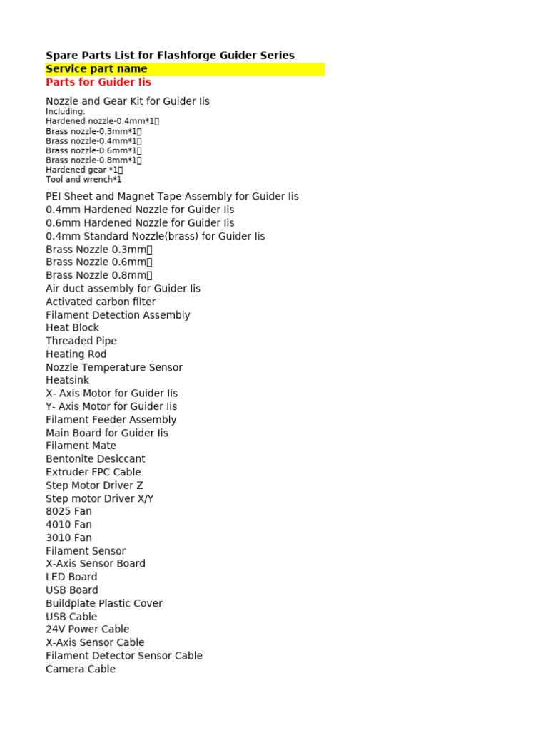 Spare Parts List For Flashforge Guider Series | PDF