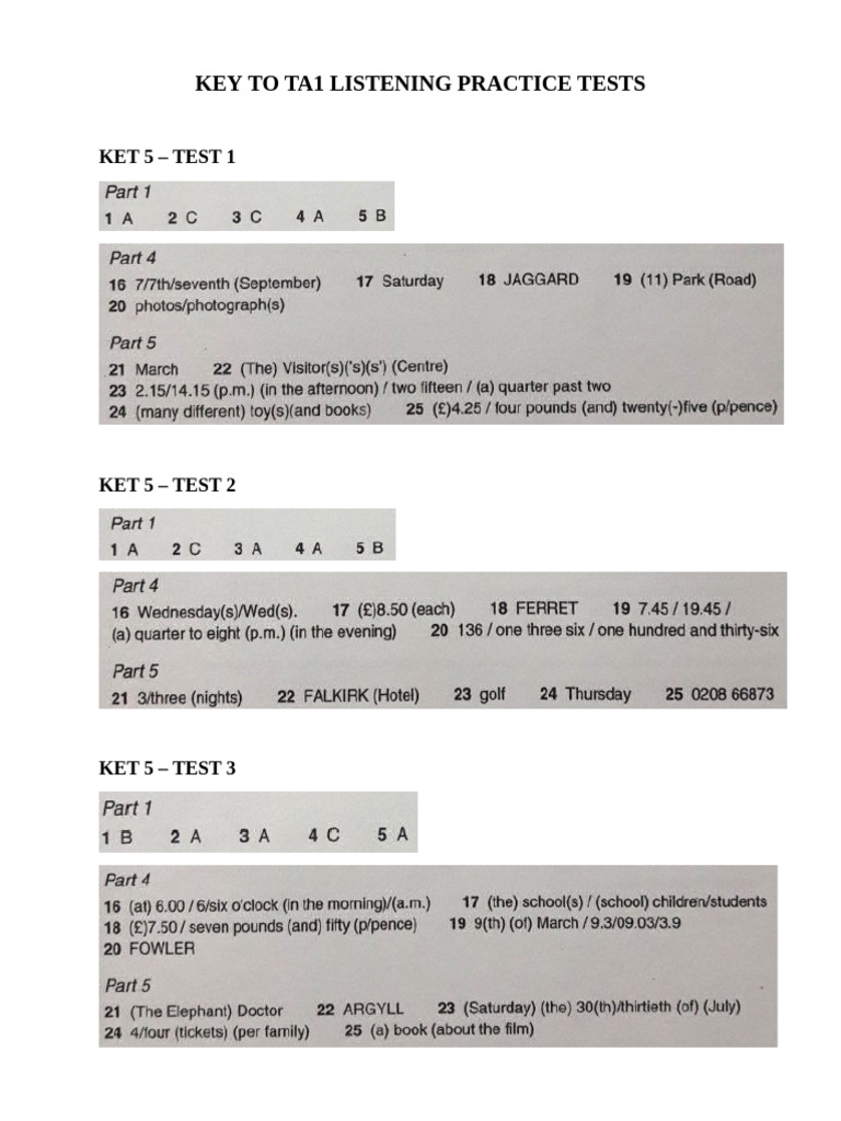 KEY TO TA1 LISTENING PRACTICE TESTS | PDF
