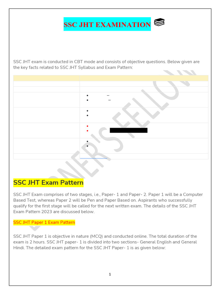 SSC JHT Exam Pattern and Syllabus | PDF