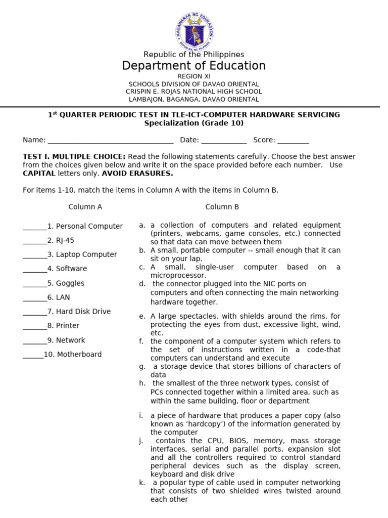 1st QUARTER PERIODIC TEST IN TLE Sy 2022-2023 | PDF