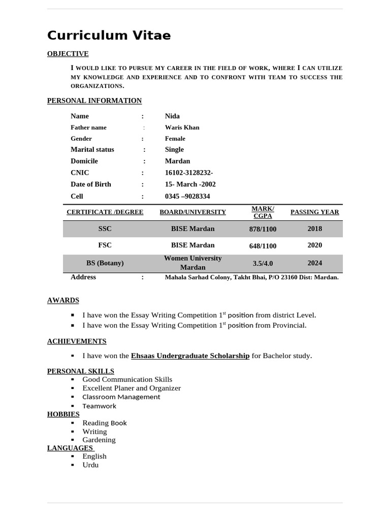Nida Khan CV | PDF