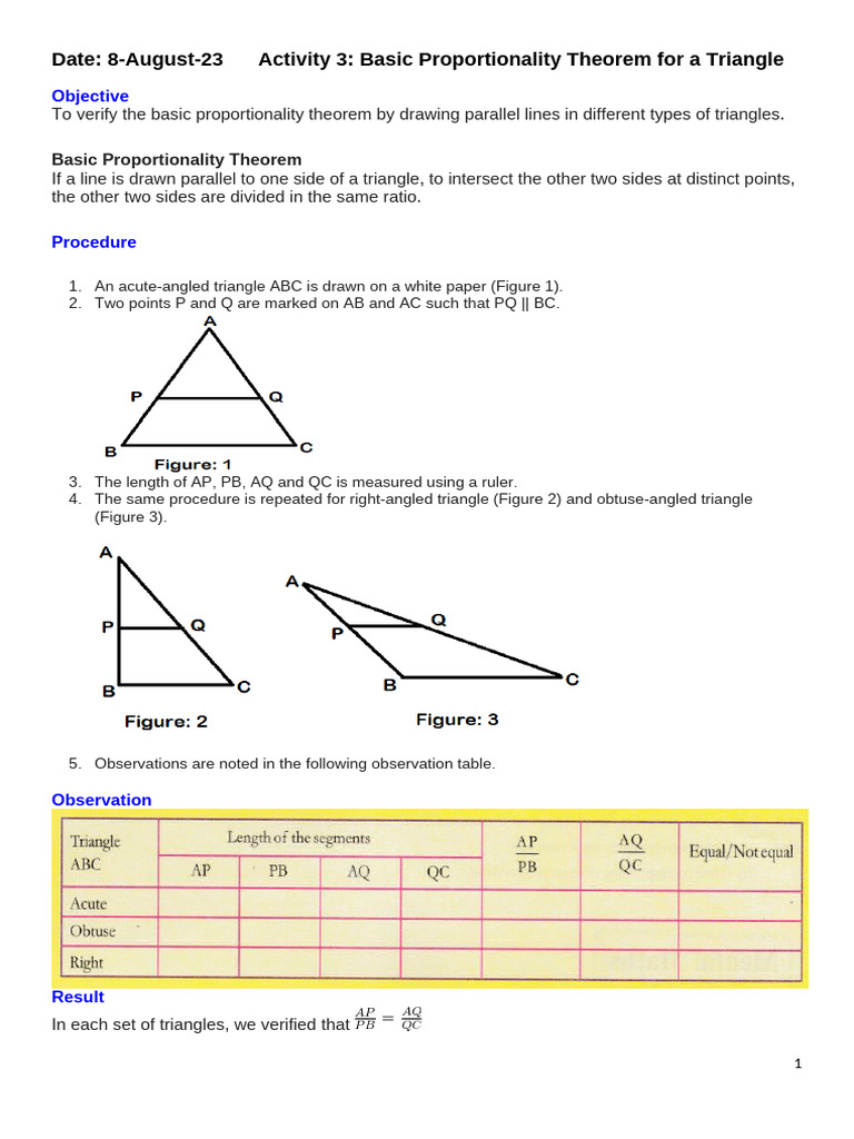 Activity 3-Basic Proportionality Theorem For A Triangle For Students | PDF