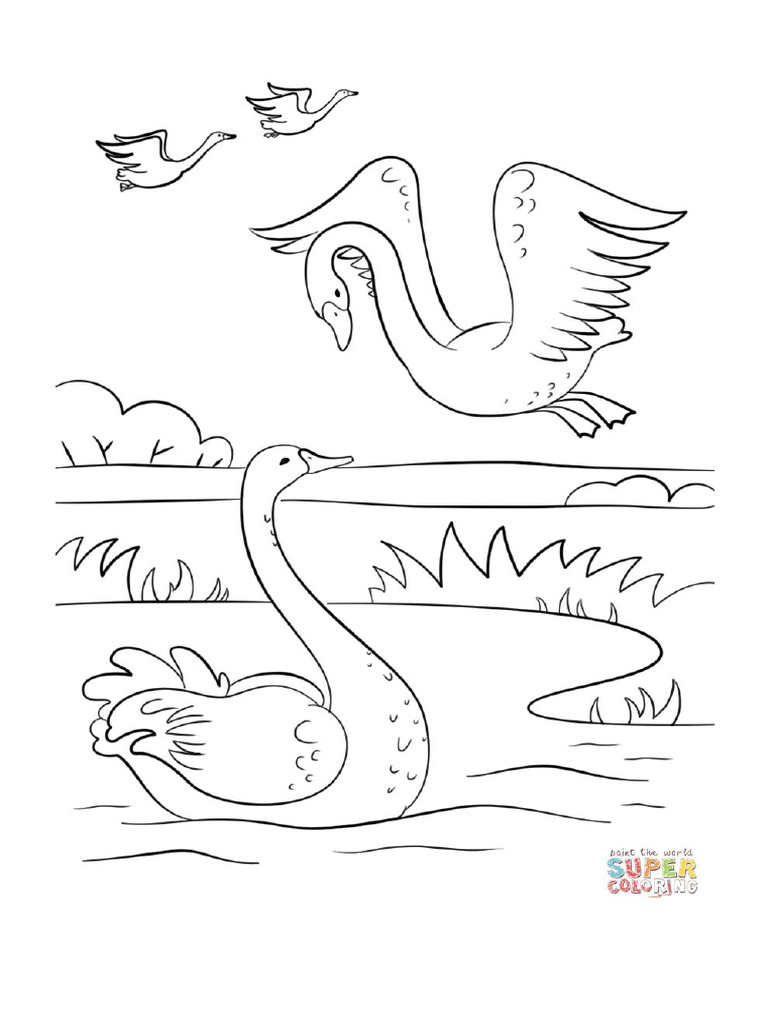 Autumn Scene With Swans Coloring Page - Free Printable Coloring Pages | PDF