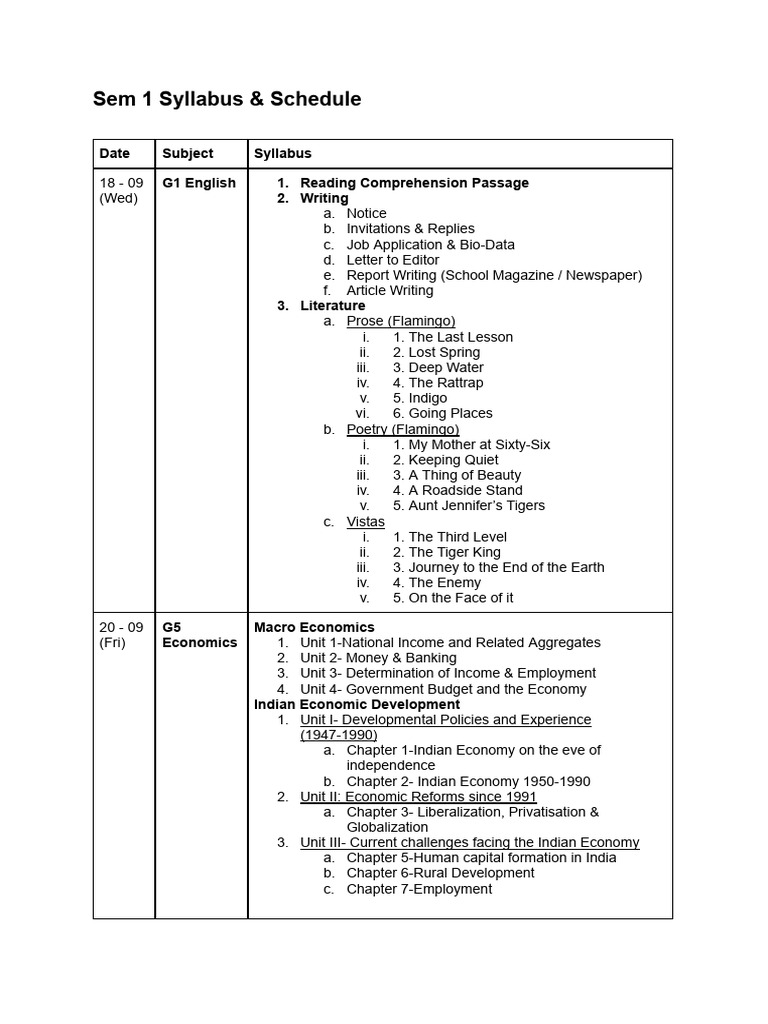 Sem 1 Syllabus & Schedule | PDF