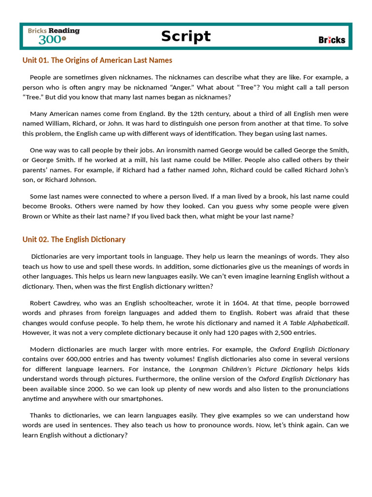 Bricks Reading 300 - L1 - Script | PDF