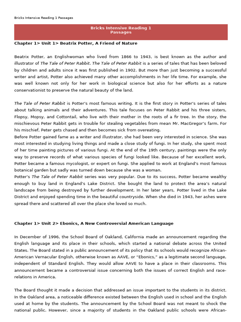 Bricks Intensive Reading - L1 - Script | PDF