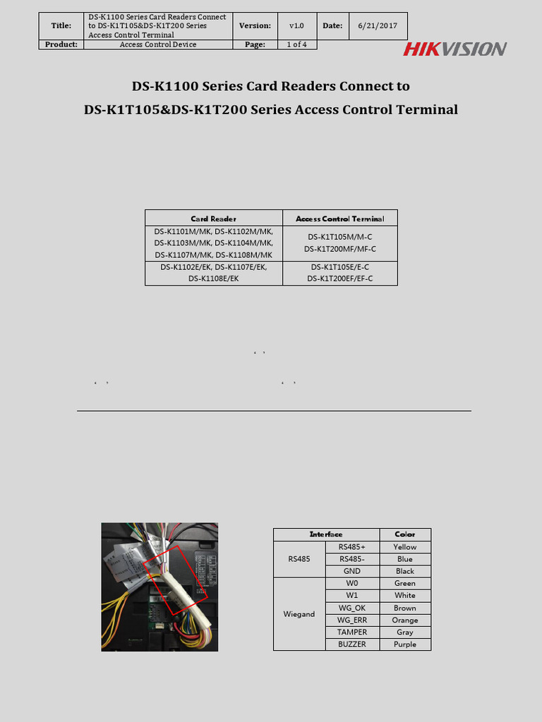 DS-K1100 Series Card Readers Connect To DS-K1T105&DS-K1T200 Series Access Control Terminal | PDF