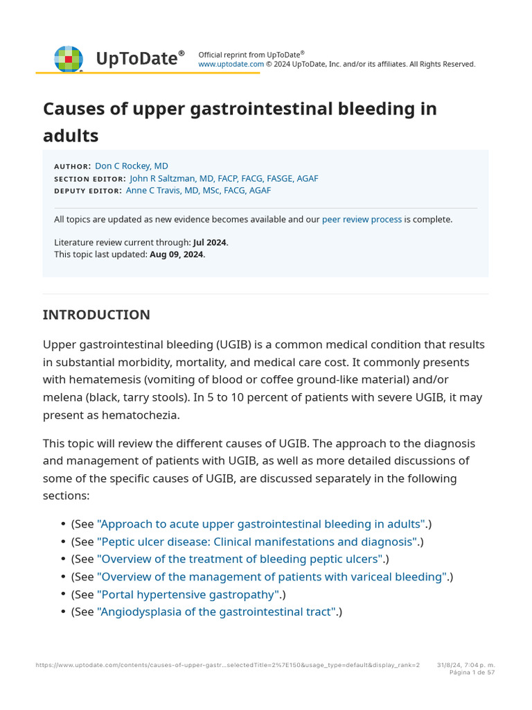 Causes of Upper Gastrointestinal Bleeding in Adults - UpToDate | PDF