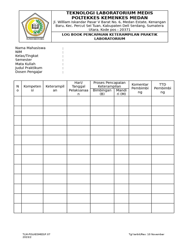 F.07 Log Book Pencapaian Keterampilan Praktik Laboratorium | PDF