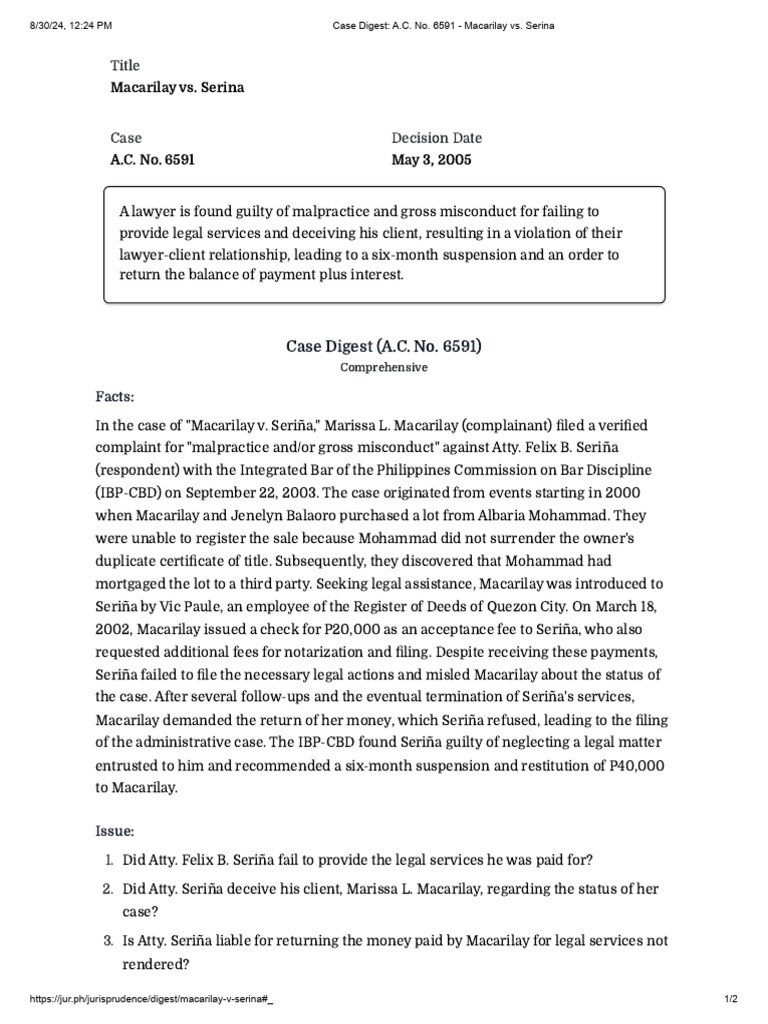 Case Digest - A.C. No. 6591 - Macarilay vs. Serina | PDF