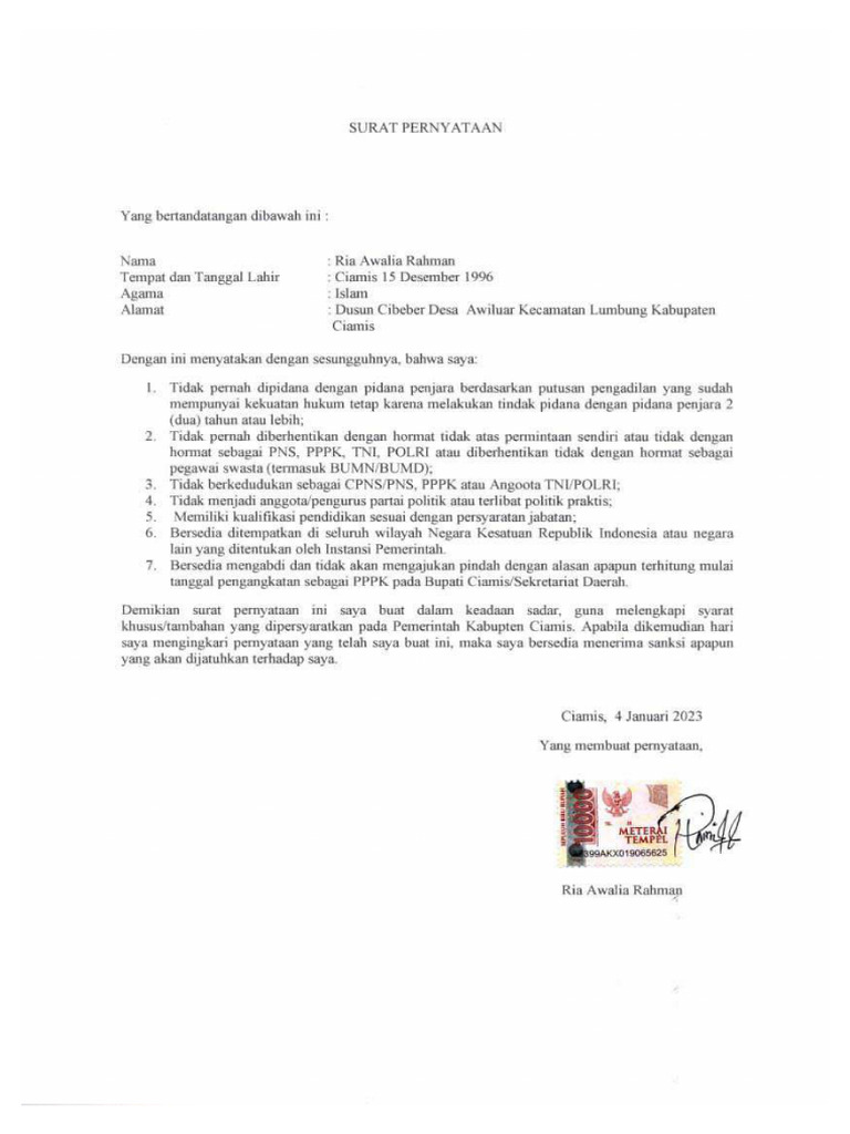 surat pernyataan fix | PDF