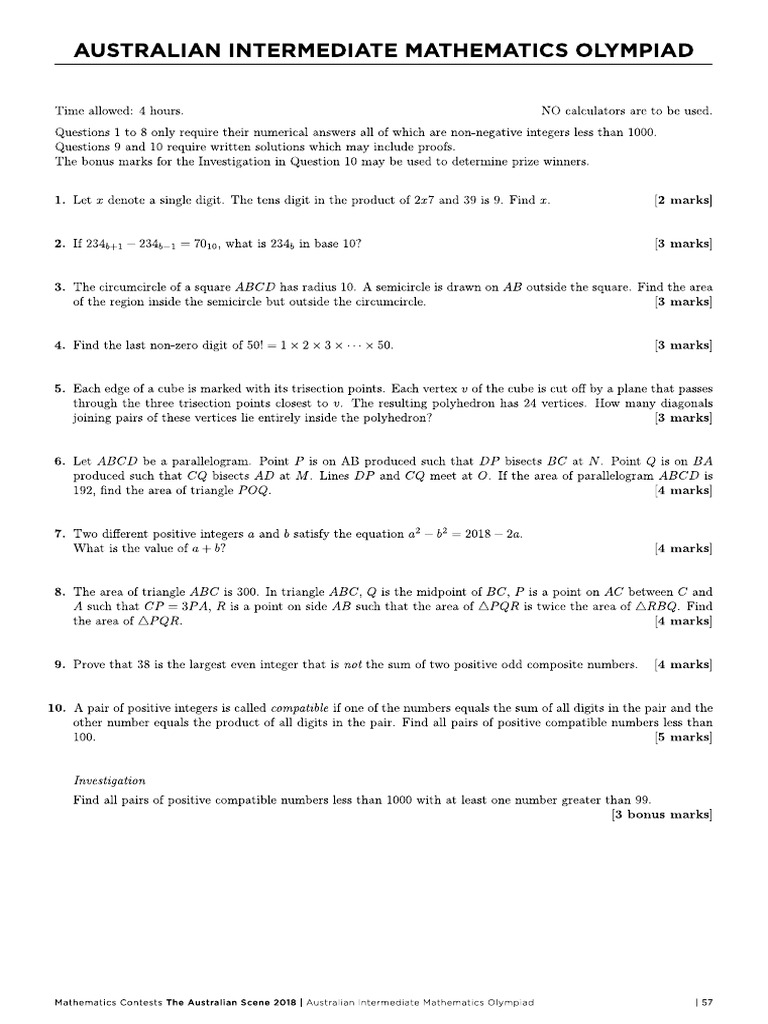 AIMO Past Paper-2018 | PDF