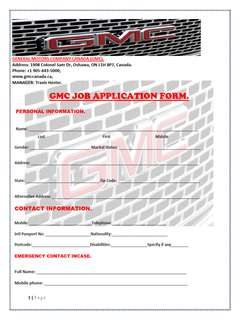 GMC Job Application Form Template | PDF