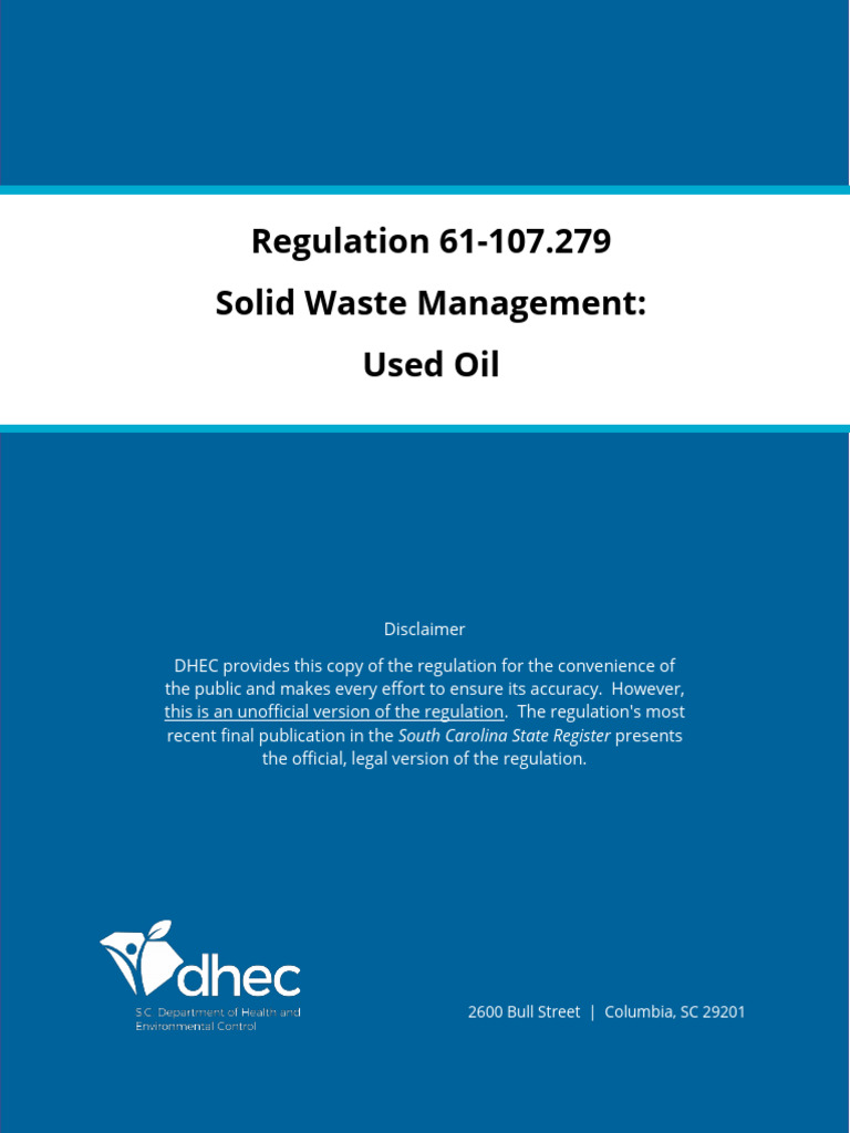 Regulation 61-107.279 Solid Waste Management: Used Oil: South Carolina ...