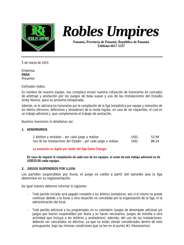 Robles Umpires - Cotización #2 - Ensa - 2024_240305_174226 | PDF