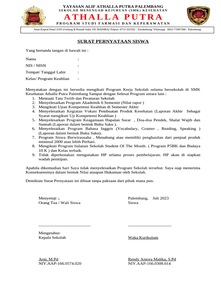Surat Pernyatan Siswa Mengikuti Program Sekolah | PDF