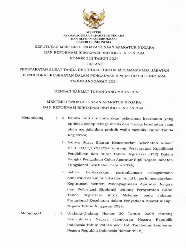 Kepmenpanrb No 322 TH 2024 TTG Persyaratan STR JF Kesehatan Pada ...