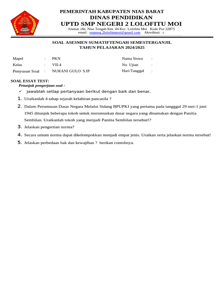 SOAL UJIAN PKN | PDF