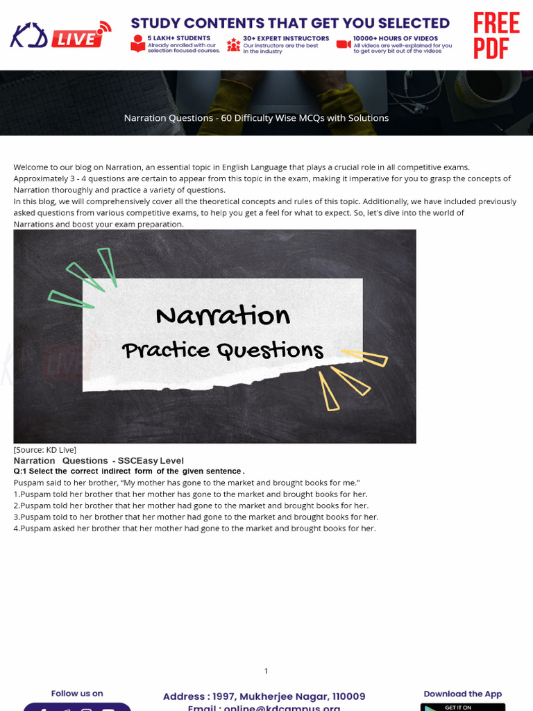 Narration Questions 60 Difficulty Wise Mcqs With Solutions | PDF