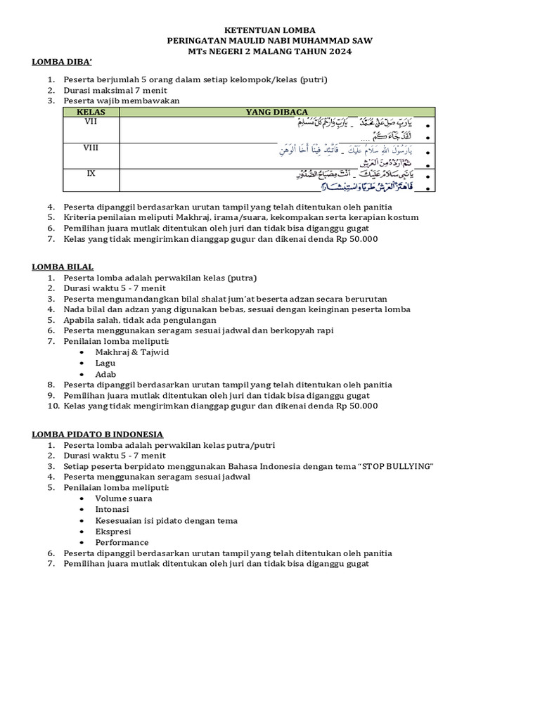 Ketentuan Lomba Maulid 2024 | PDF