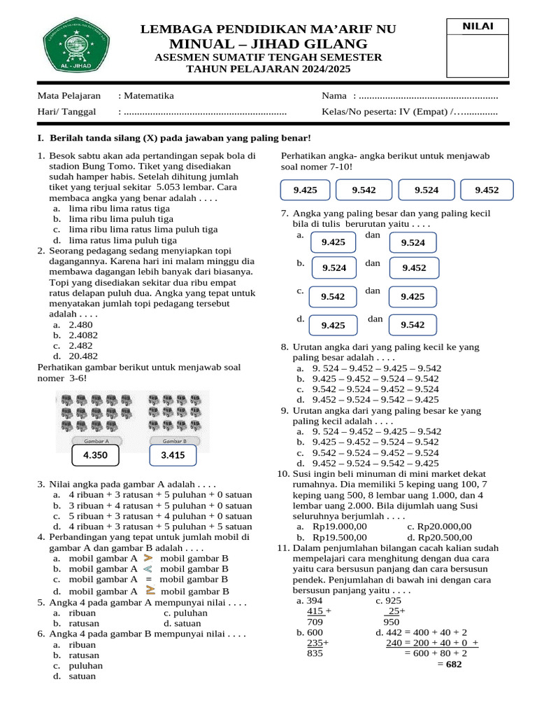 Format Soal PTS Kelas Iv (Edit) - Matematika | PDF
