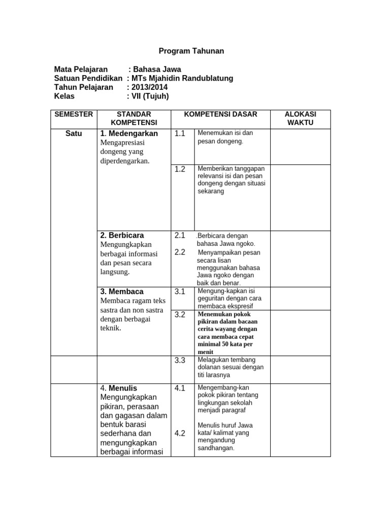 PROGRAM TAHUNAN Bhs Jawa Kls 7 Dan 8 | PDF