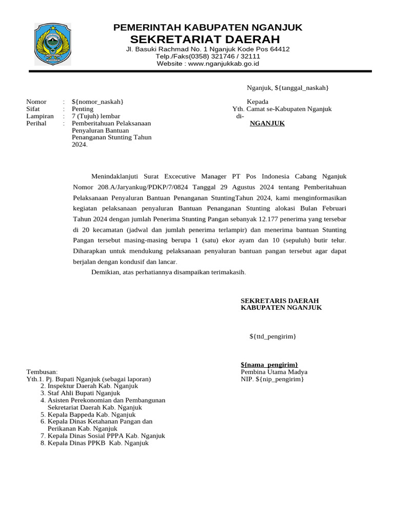 (Srikandi) Surat Pemberitahuan Penyaluran CPP Stunting Bulan Agustus | PDF