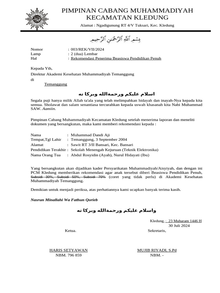 Surat Rekomendasi Dan Aktif Kuliah AKMT Beasiswa (Muhammad Dandi Aji) | PDF