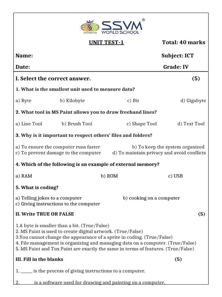 Grade 4 Unit 1 Test Ict | PDF
