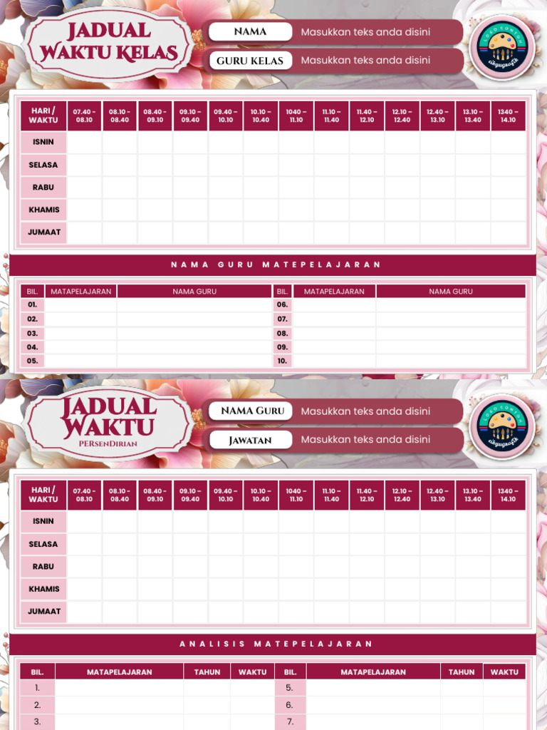 Contoh Tapak Jadual Waktu Kelas & Persendirian RPM24,25 D02 (Cikgugrafik) | PDF