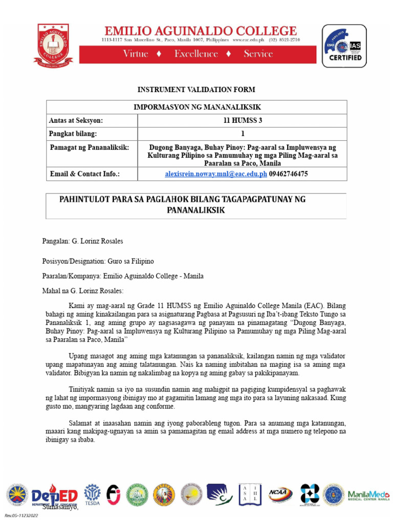 District 1 Validation Form Humss 3 | PDF