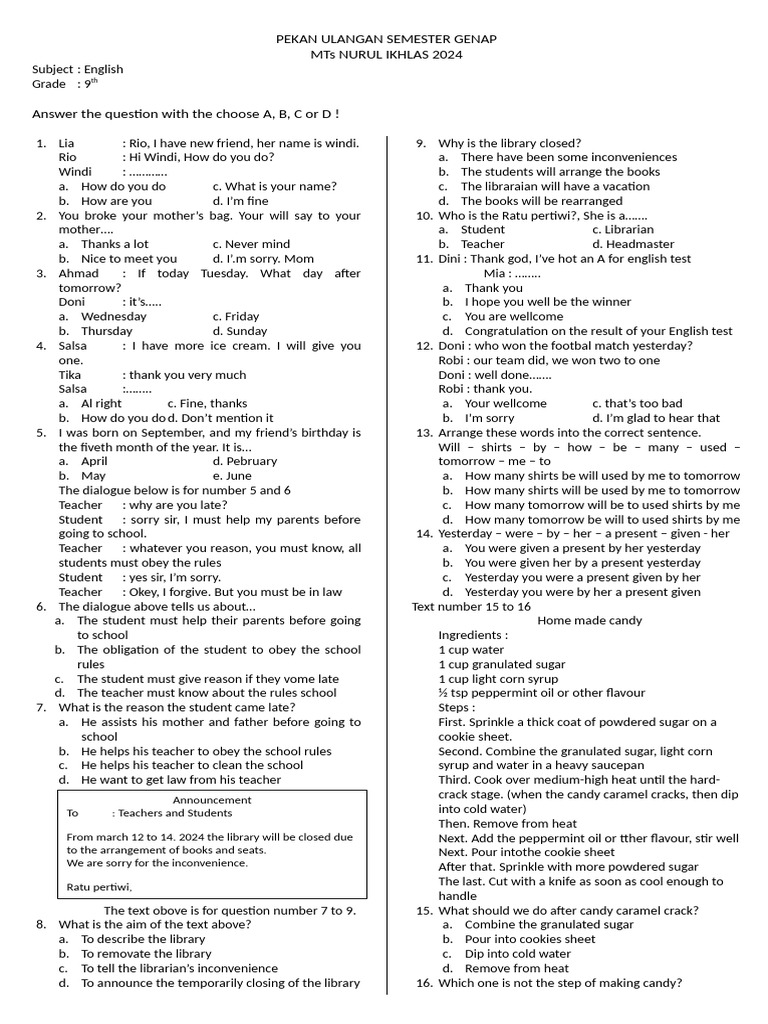 Soal Nuris PTS Ganjil 2024 | PDF