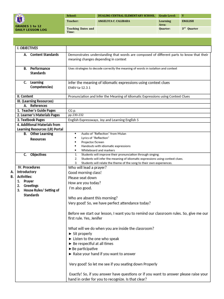 Week 1 A (LESSON PLAN) | PDF