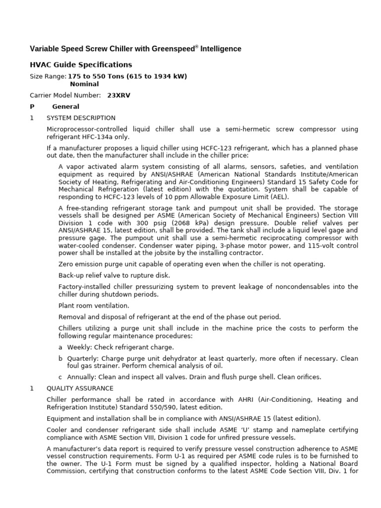 23XRV Guide Specifications, 175 To 550 Tons (615 To 1934 KW) Nominal | PDF