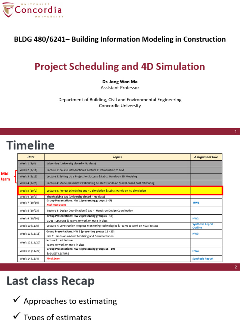 Fall 2023_Lecture 5_Project Scheduling and 4D Simulation | PDF