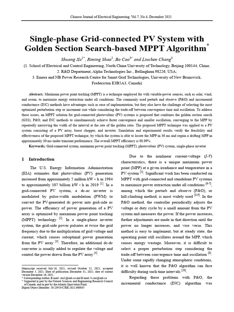Single-Phase Grid-Connected PV System With Golden Section Search-Based ...