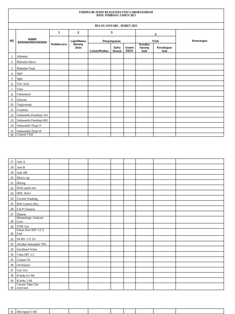 Formulir Audit Reagensia Instalasi Laboratorium | PDF Formulir Audit Reagensia Instalasi Laboratorium | PDF