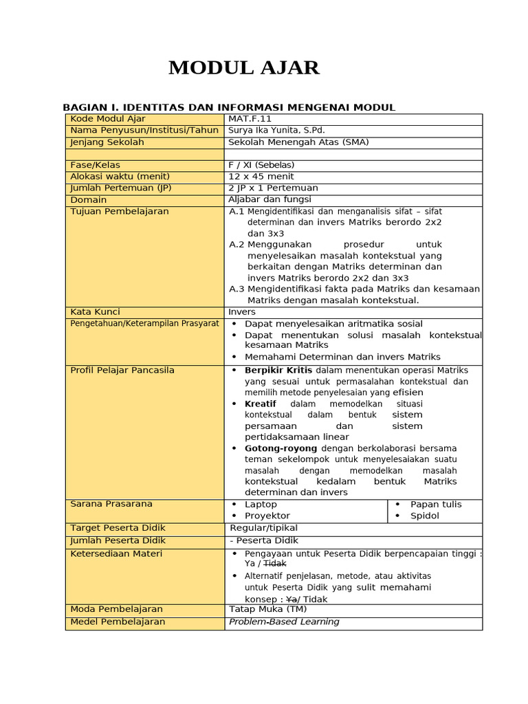 Modul Ajar Matriks | PDF