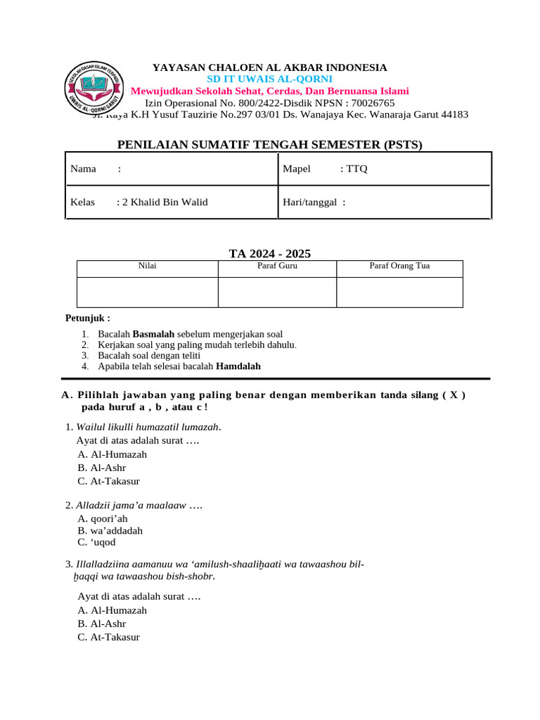 Soal Uh TTQ Kelas 2 SMT 1 | PDF