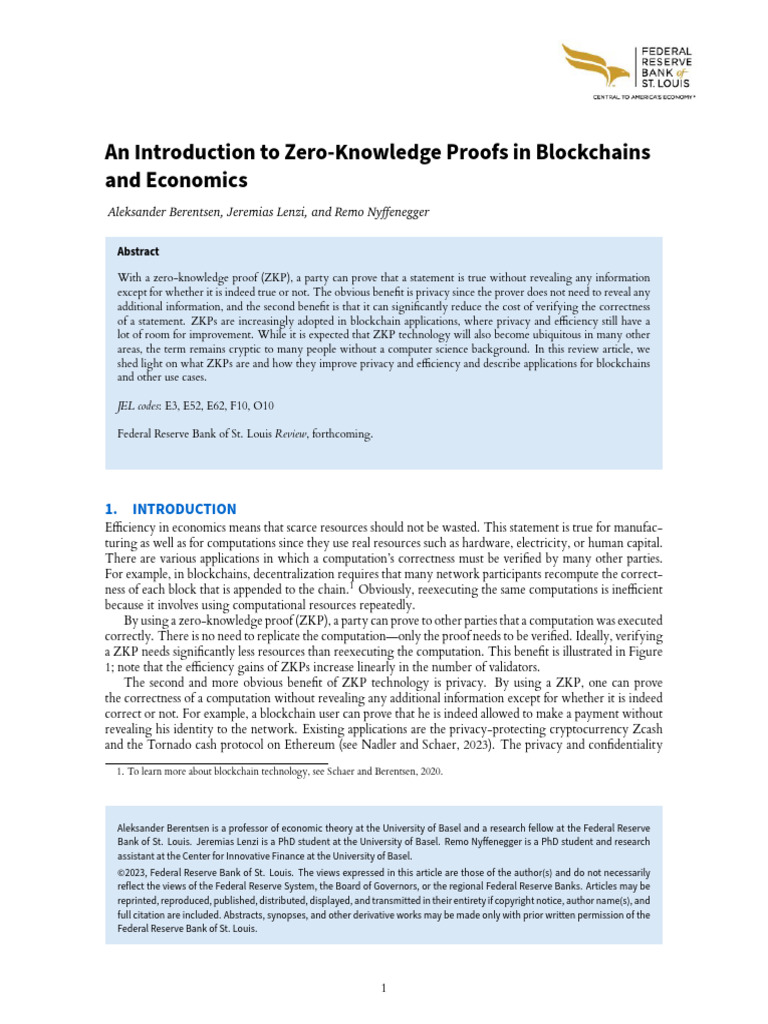 An Introduction To Zero Knowledge Proofs in Blockchains and Economics | PDF