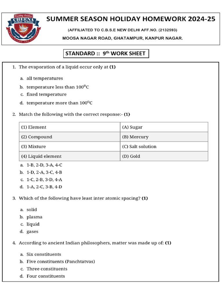 9th Science Holiday Homework (Work Sheet) | PDF | Career & Growth ...