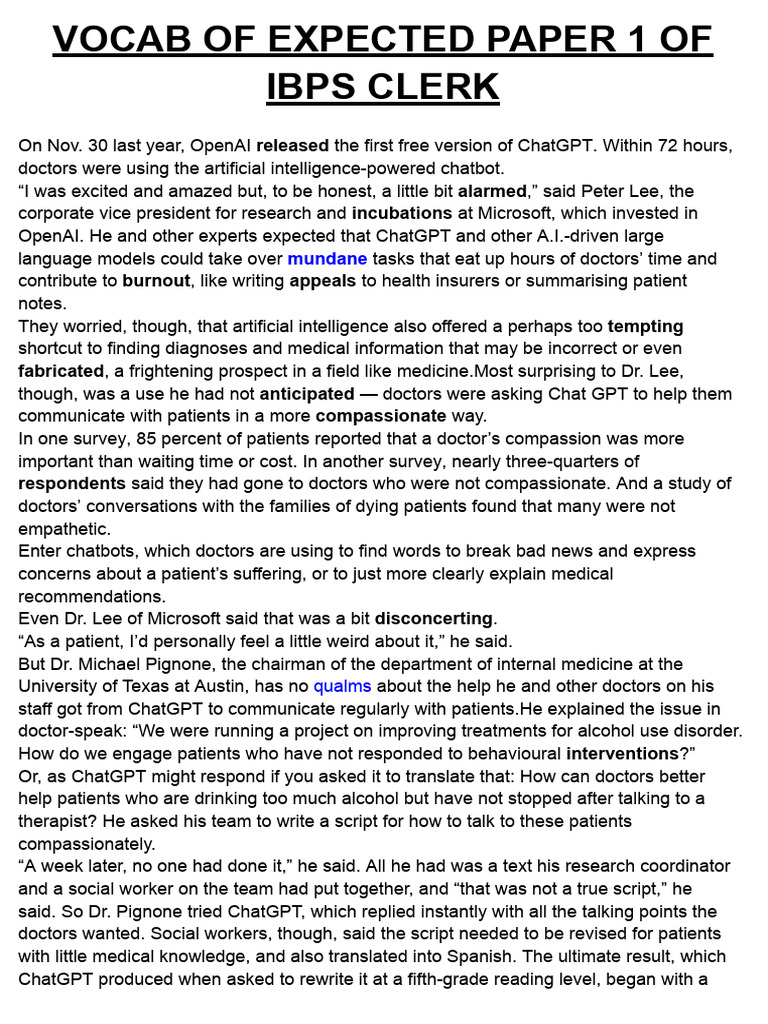 Vocab of Expected Paper 1 of Ibps Clerk | PDF