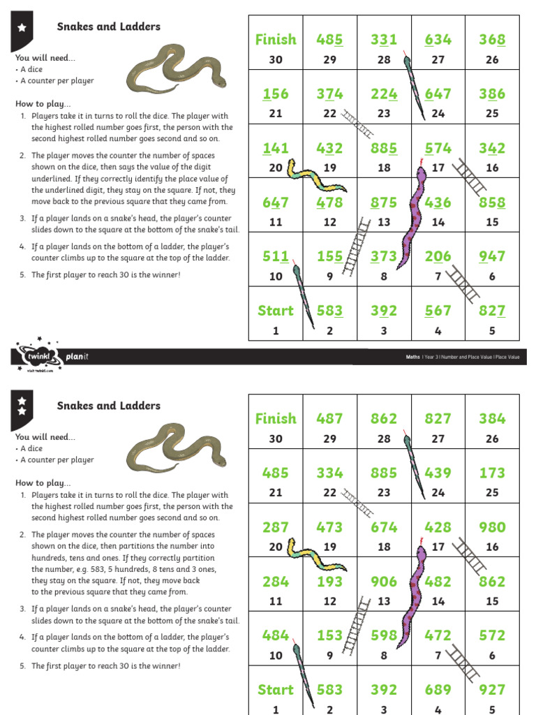 Snake & ladder board game (3 digit place value) | PDF