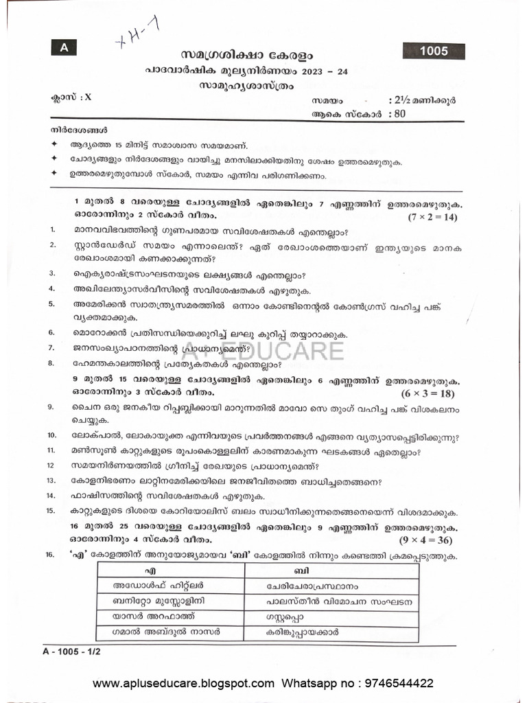 A+ Blog-Sslc-Social Science-First Term Question Paper MM | PDF