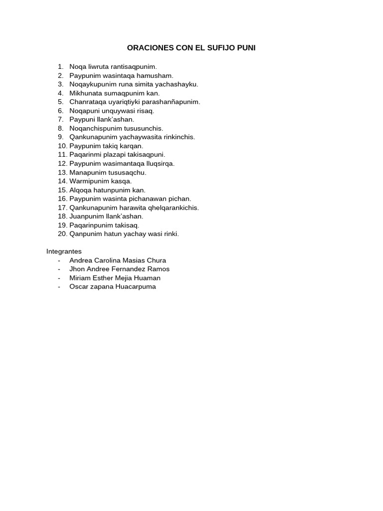 Oraciones Sufijo - Puni | PDF