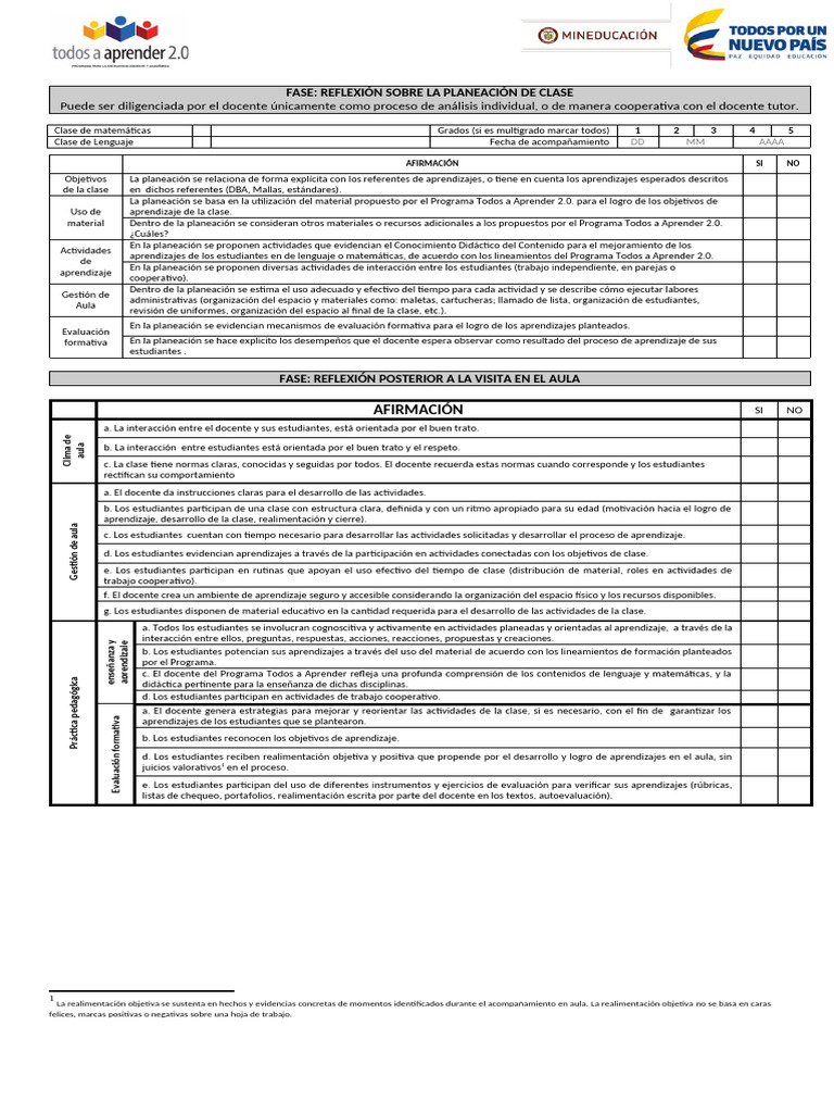 Anexo 3 - Instrumento de Acompañamiento en Aula PTA 2.0. | PDF