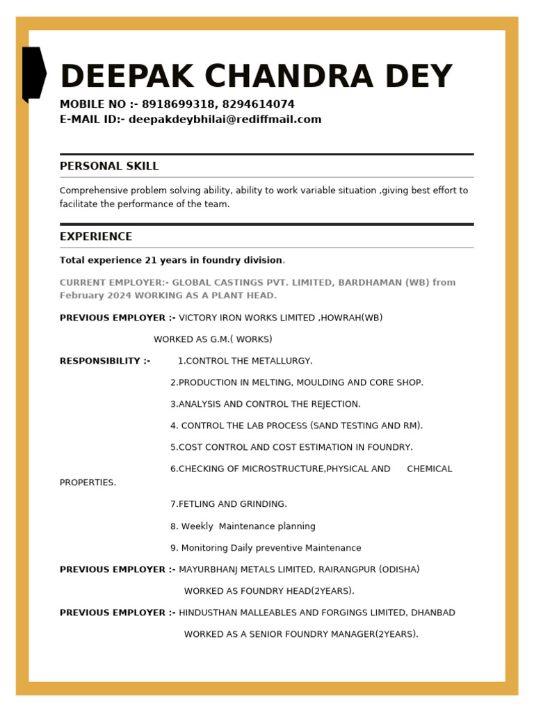 Deepak Chandra Dey - 21 Years - Plant Head - Kolkata | PDF