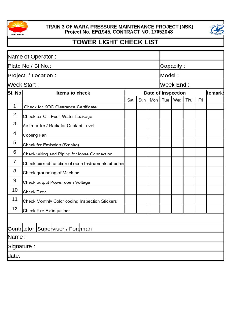 TOWER LIGHT CHECK LIST | PDF